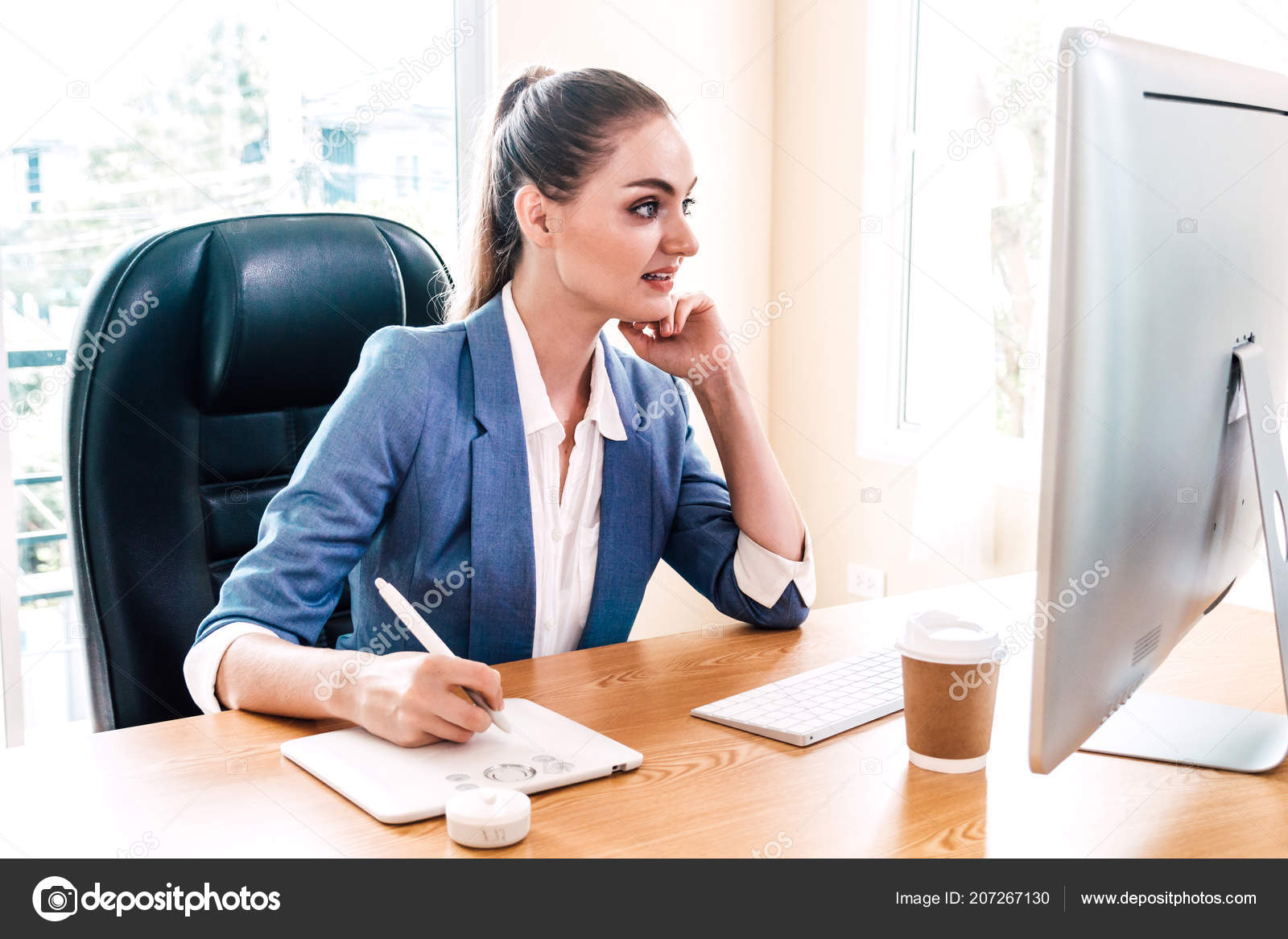 Woman Graphic Designer Working Computer Drawing Graphic Tablet Office ...