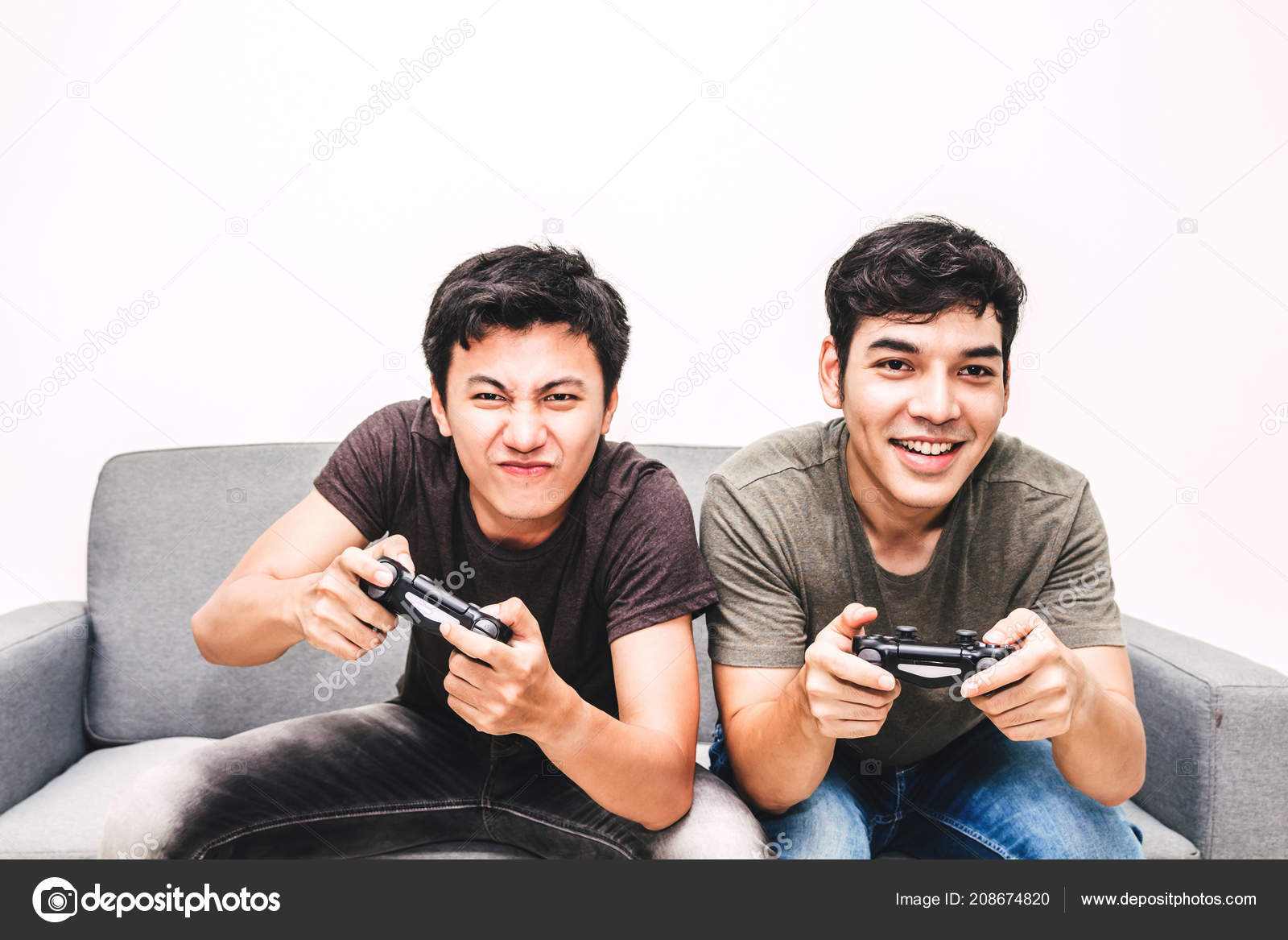 Two Friends Sitting Sofa Enjoying Play Video Game Together Home — Stock ...