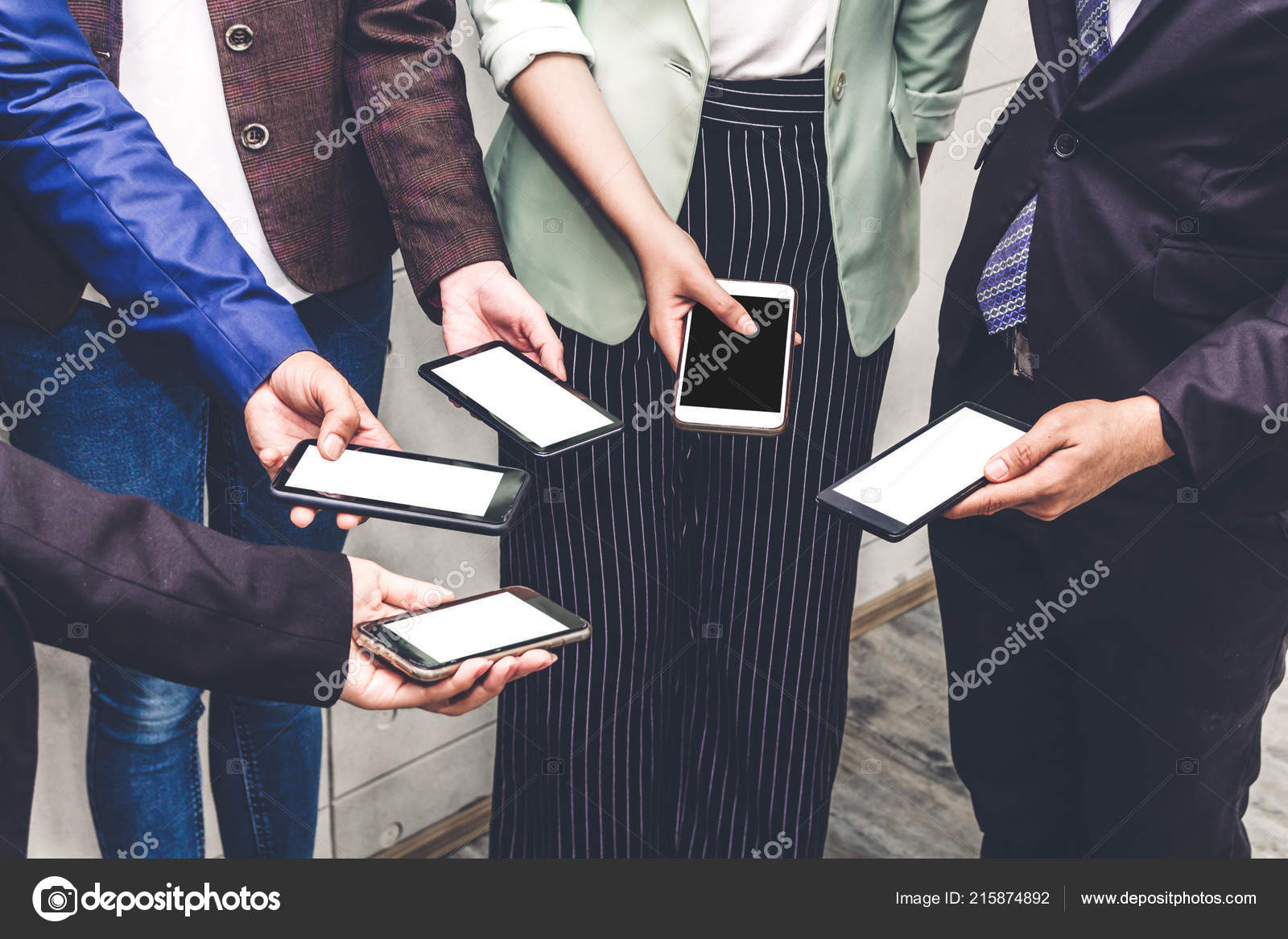 Group Business People Holding Technology Together Smartphone Blank ...
