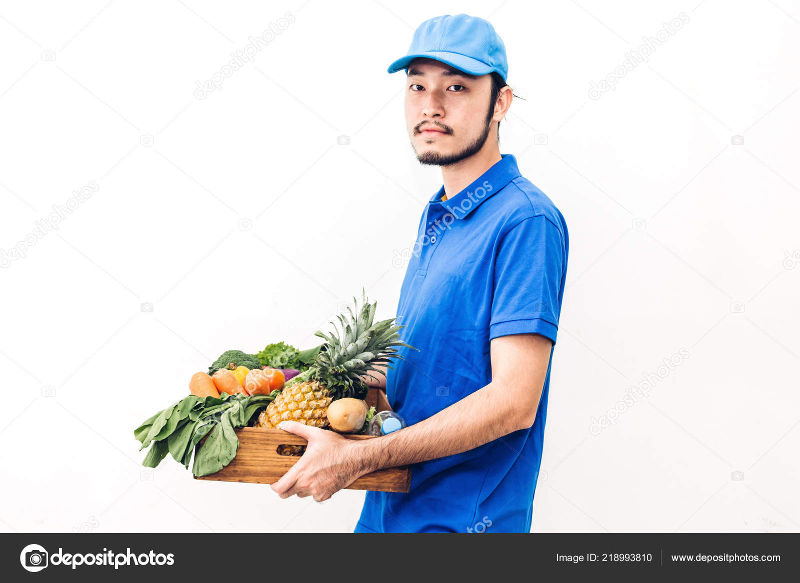 Happy Delivery Man Blue Uniform Carrying Package Grocery Food Vegetable ...