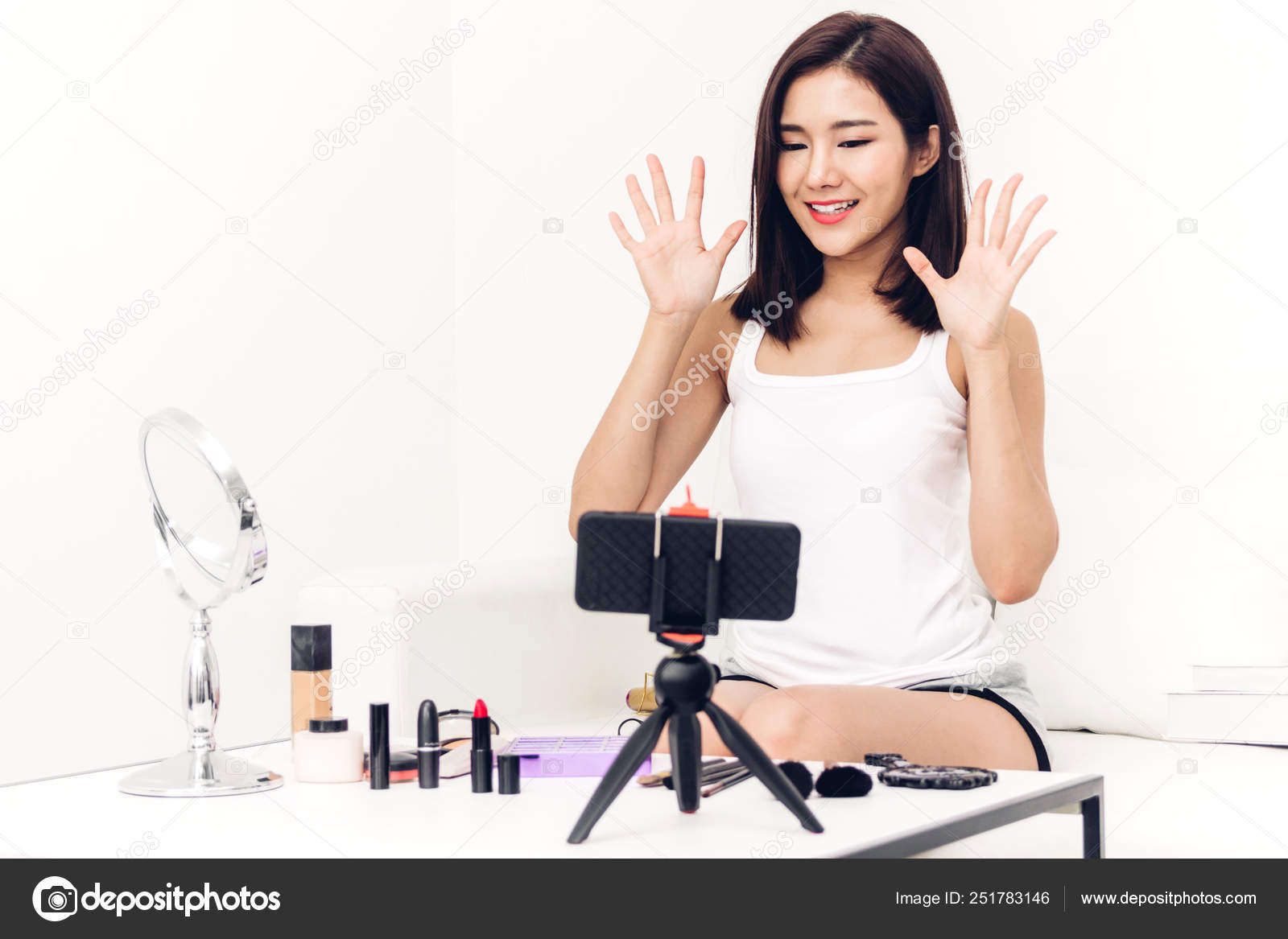 Woman Blogger In Front Of Camera Recording Vlog Herself Talking — Stock