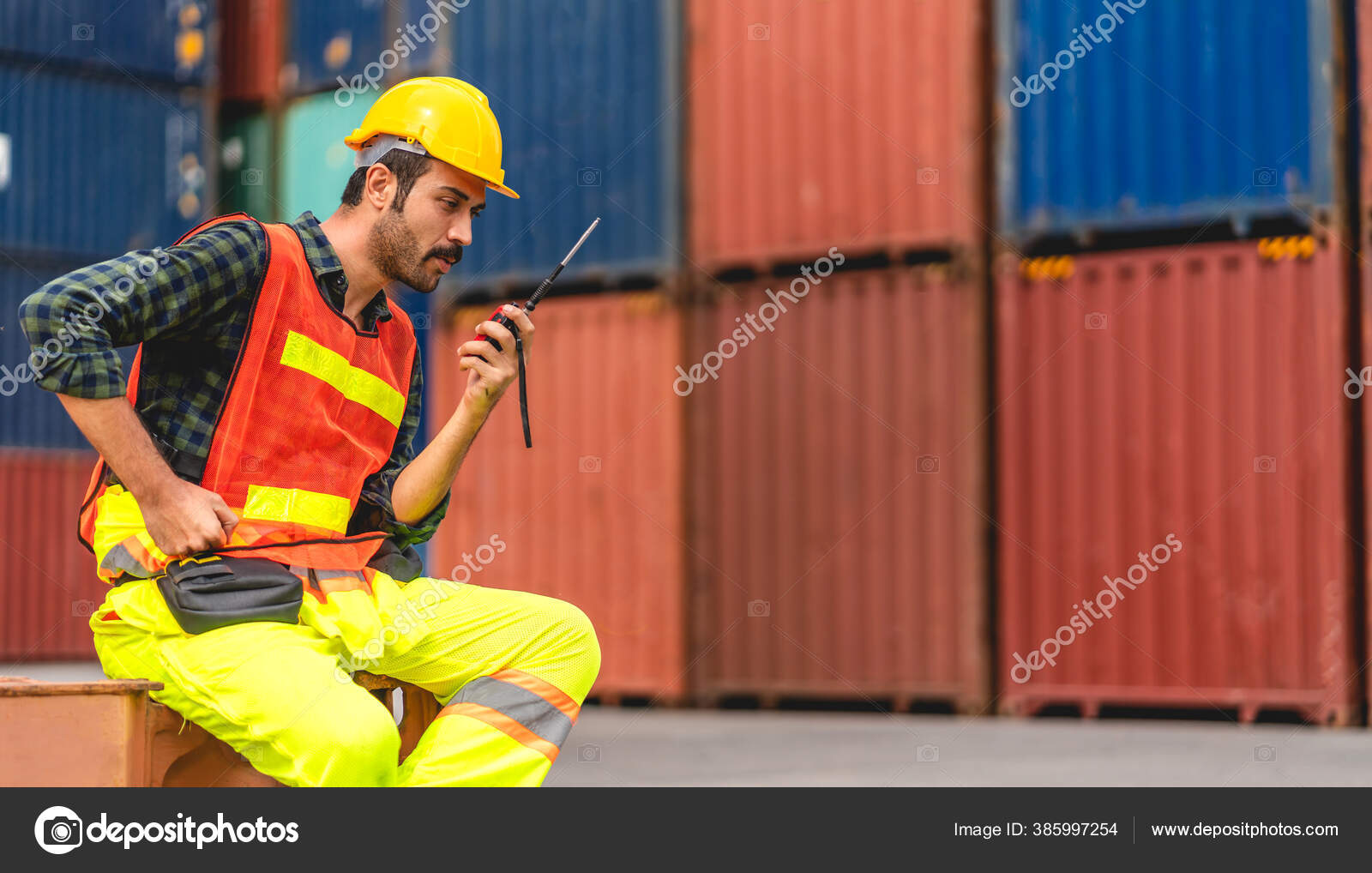 Professional Engineer Container Cargo Foreman Helmets Working Standing ...