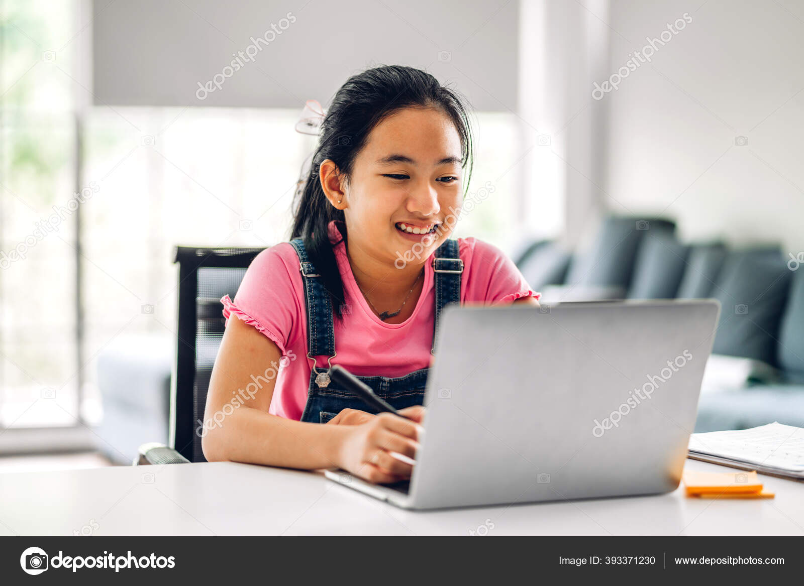 School Kid Little Girl Learning Looking Laptop Computer Making Homework ...