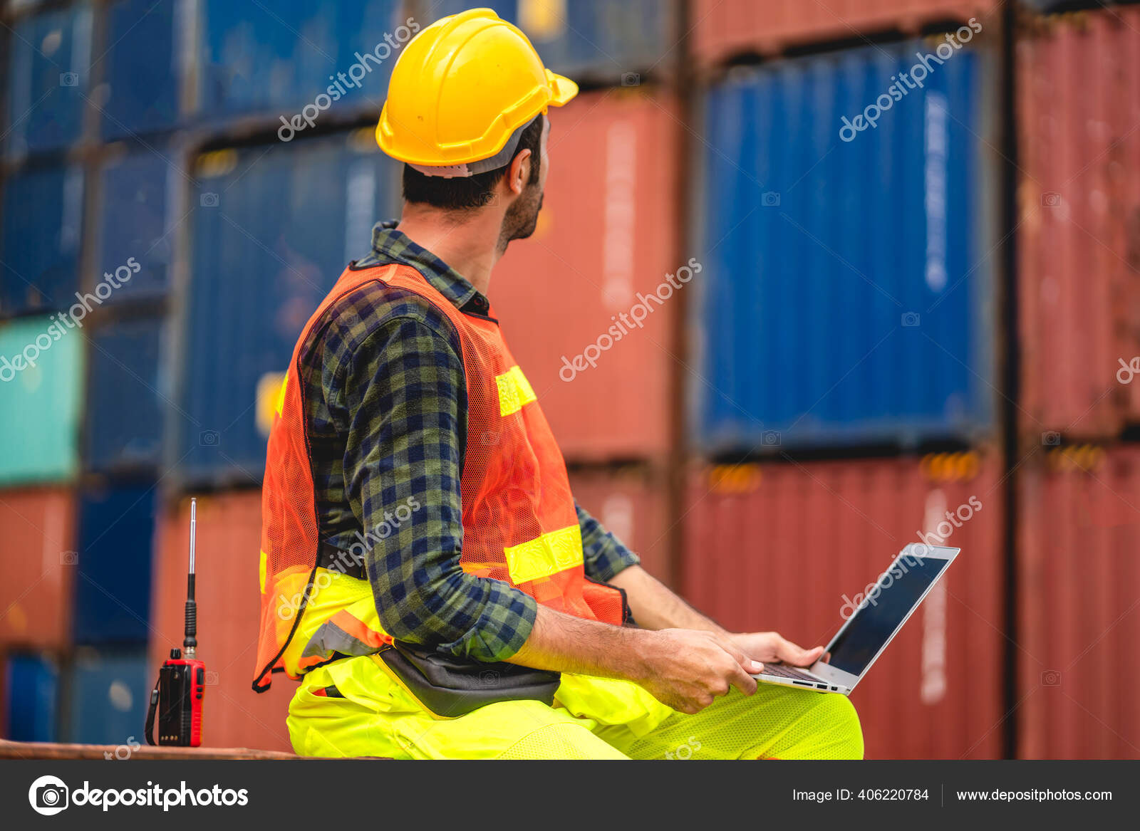 Professional Engineer Container Cargo Foreman Helmets Working Standing ...