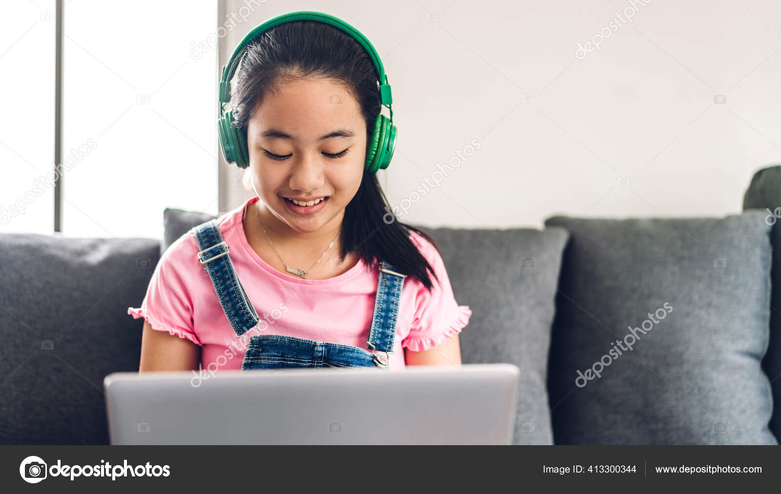 School Kid Little Girl Learning Looking Laptop Computer Making Homework ...