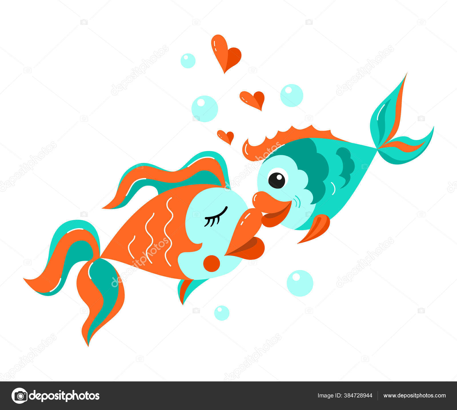 Pair Fish Love Kissing Cartoon Style Vector Illustration Isolated White ...