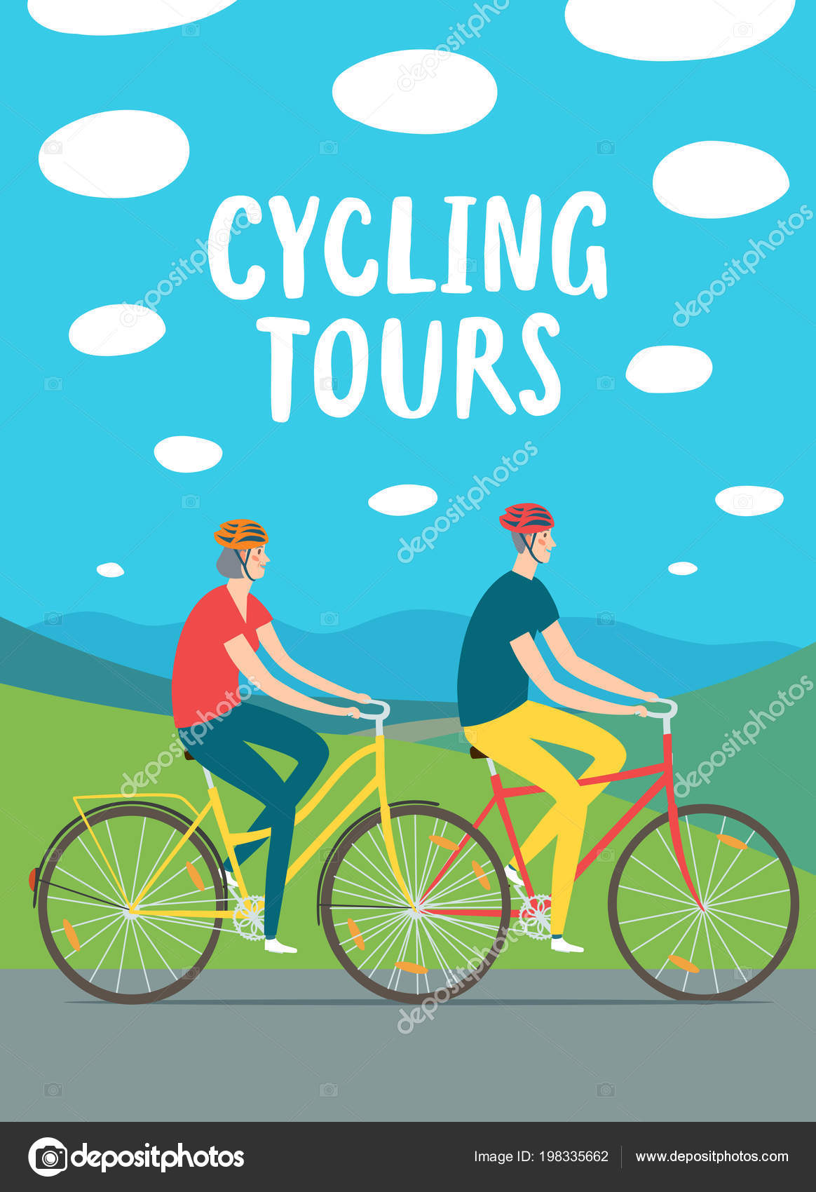 Cycling Tours Poster Old Man Woman Cyclists Landscape Background ...