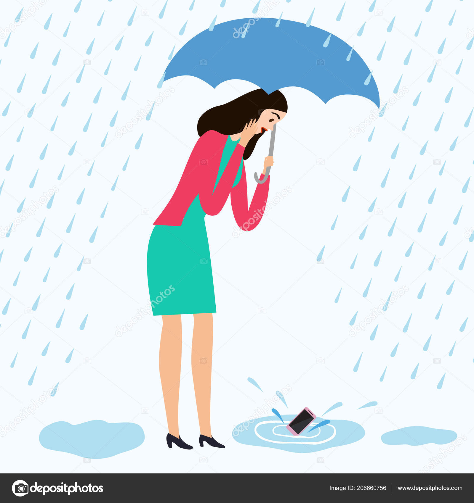 Girl Drop Her Mobile Phone Puddle Water Accident Electronics Cartoon ...