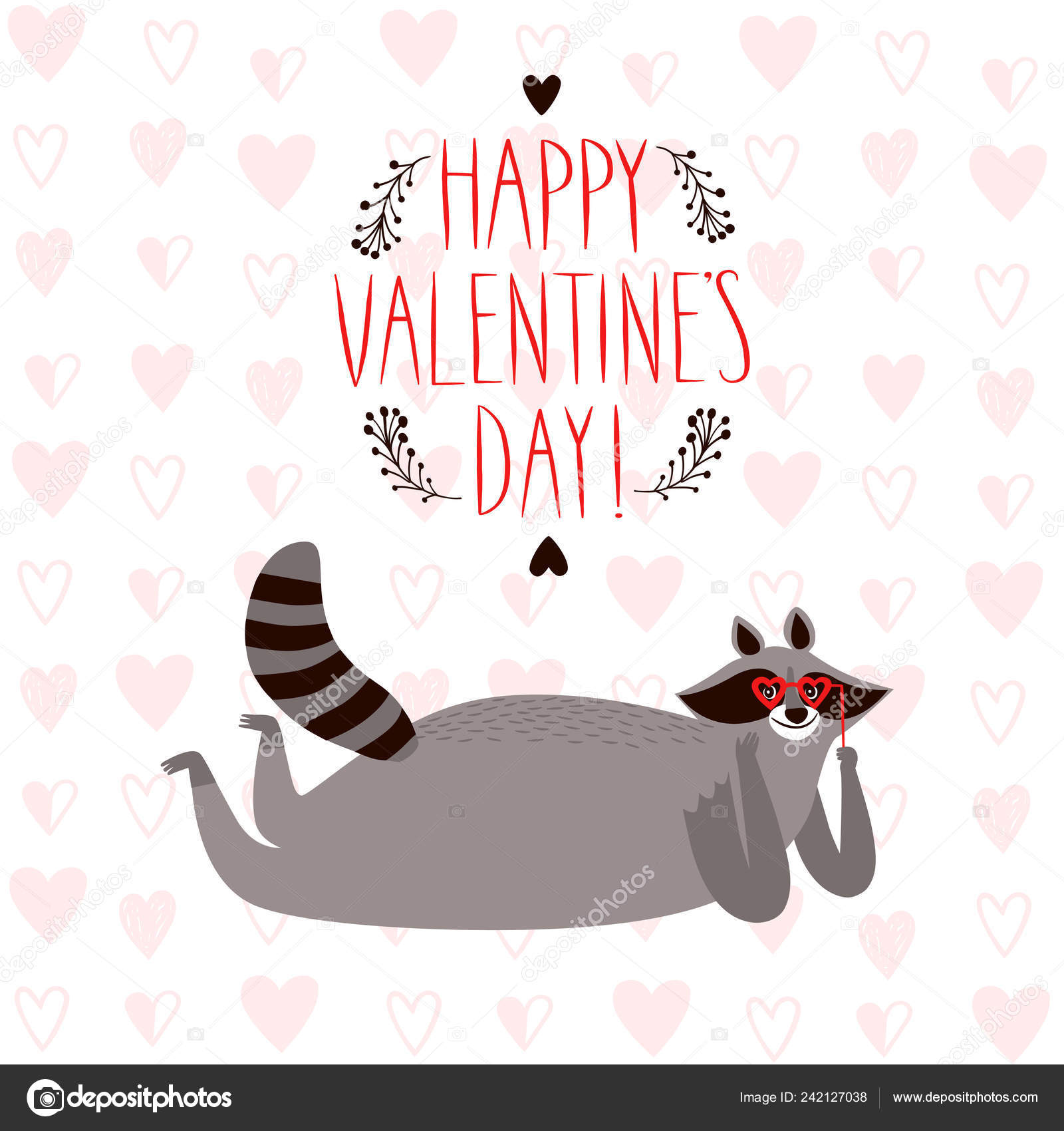 Cute Hand Drawn Cartoon Raccoon Happy Valentine's Day Decorative Title ...