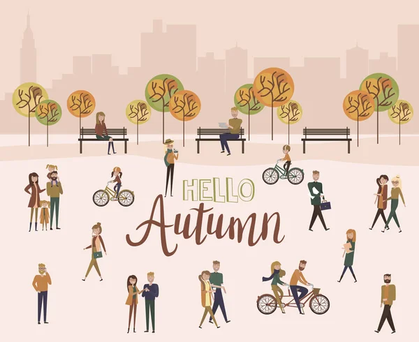 Flat design of group people outdoor in the autumn park on weekend ...