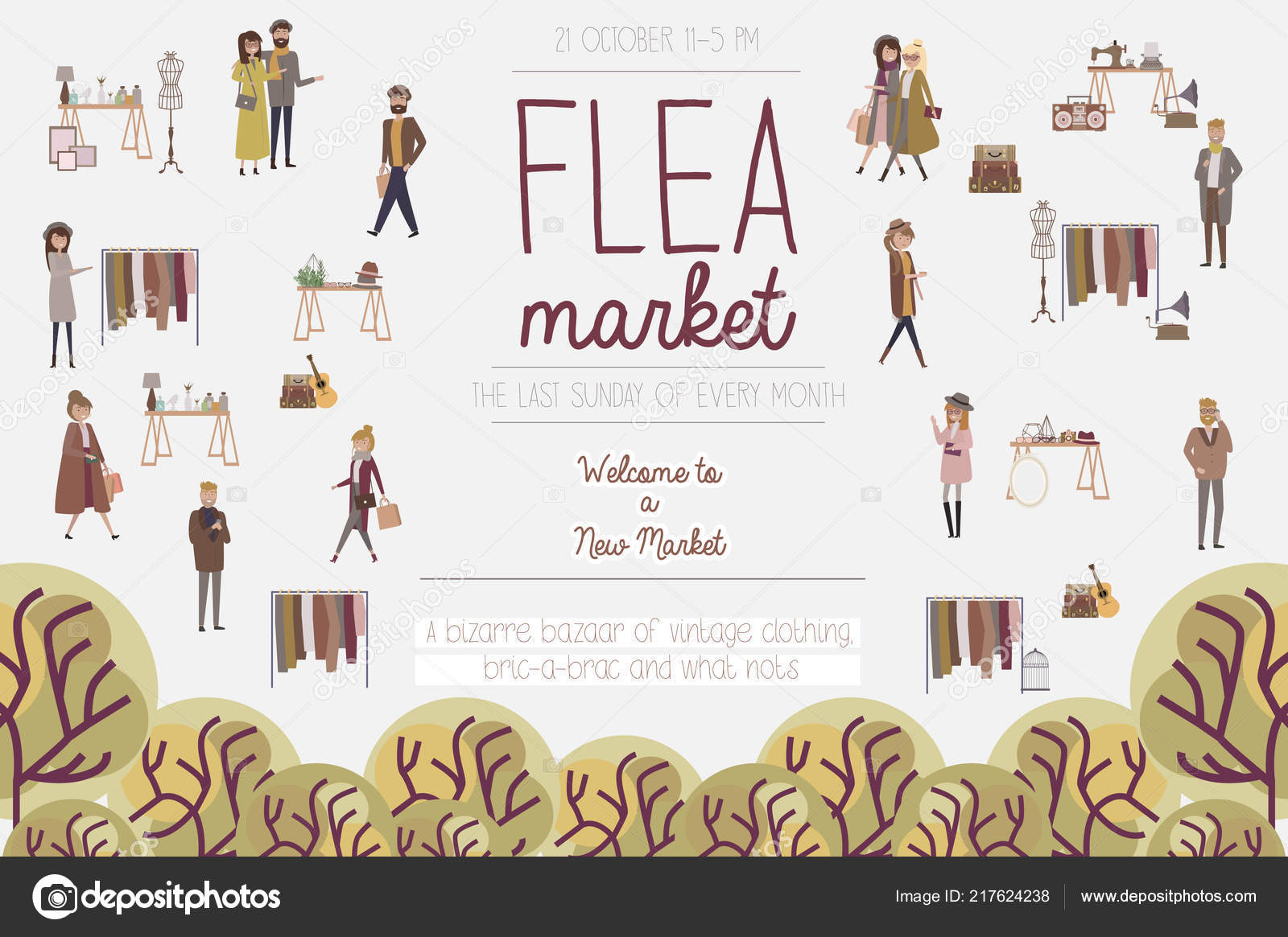 Flea Market Poster People Selling Shopping Walking Street Vintage ...