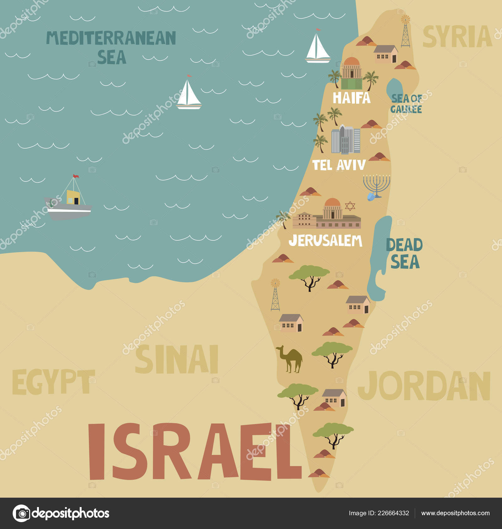 Illustration Map Israel City Landmarks Nature Editable Vector ...