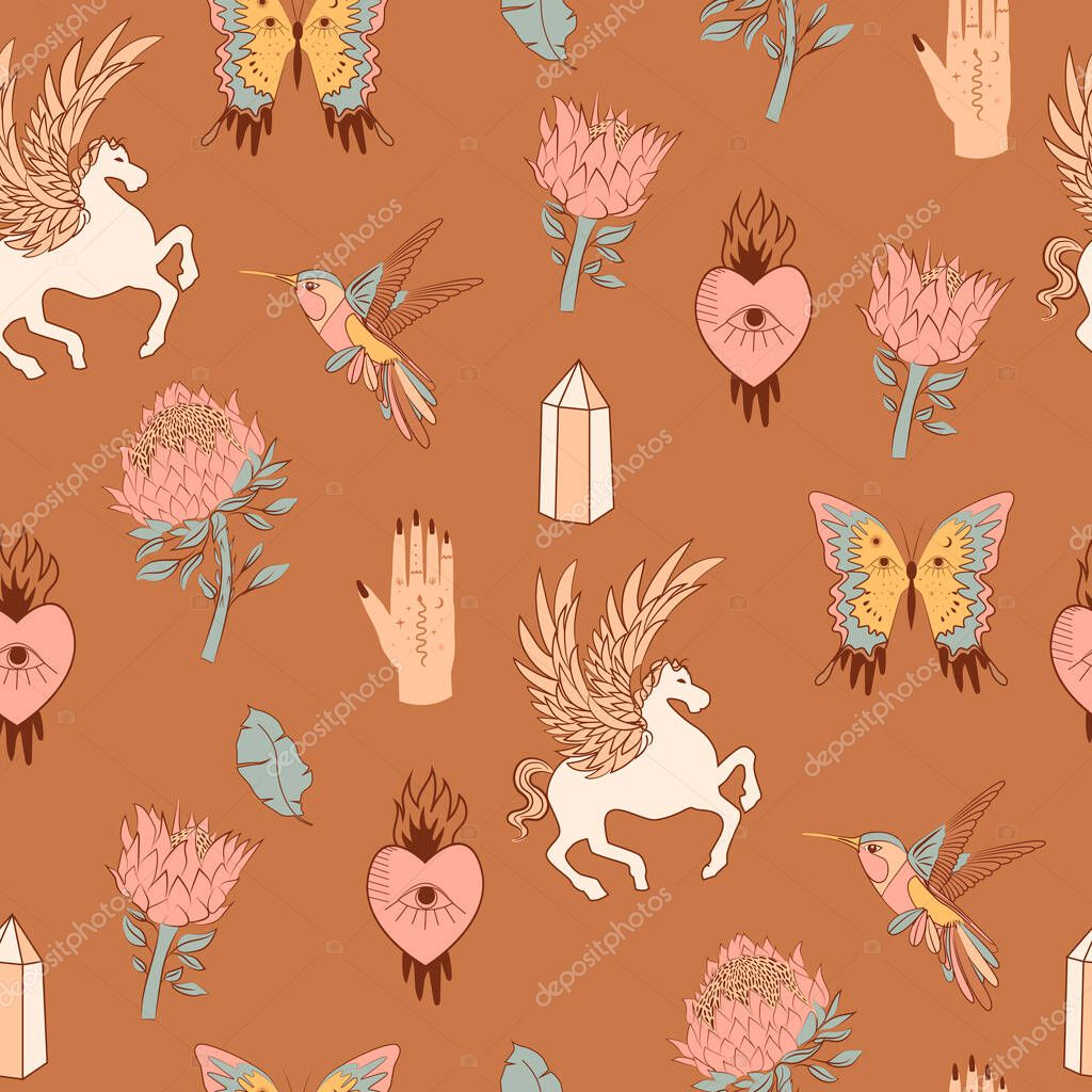 Patr n sin costuras con elementos m sticos. Caballo con alas, p jaros, flor proteica, cristal ...