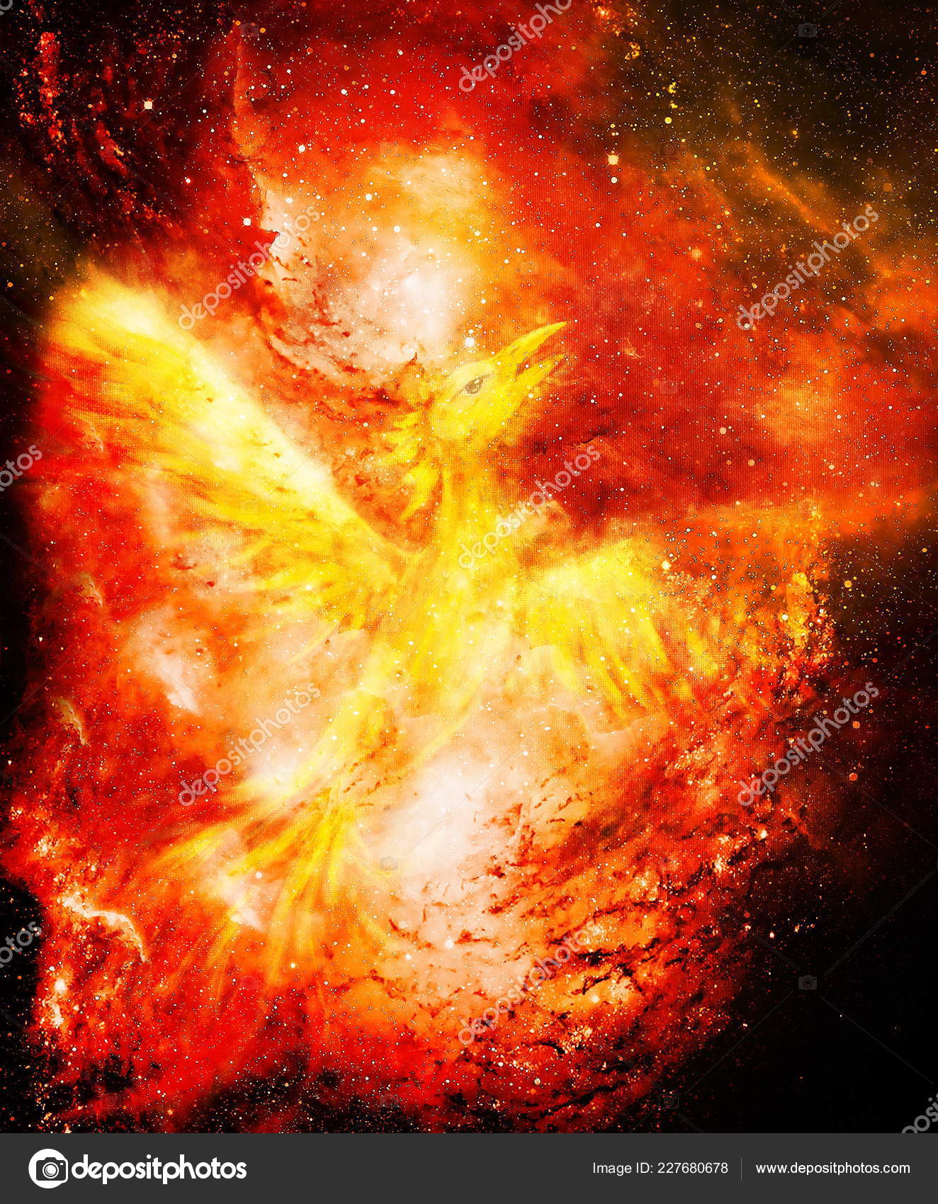 Flying phoenix bird as symbol of rebirth and new beginning in cosmic ...