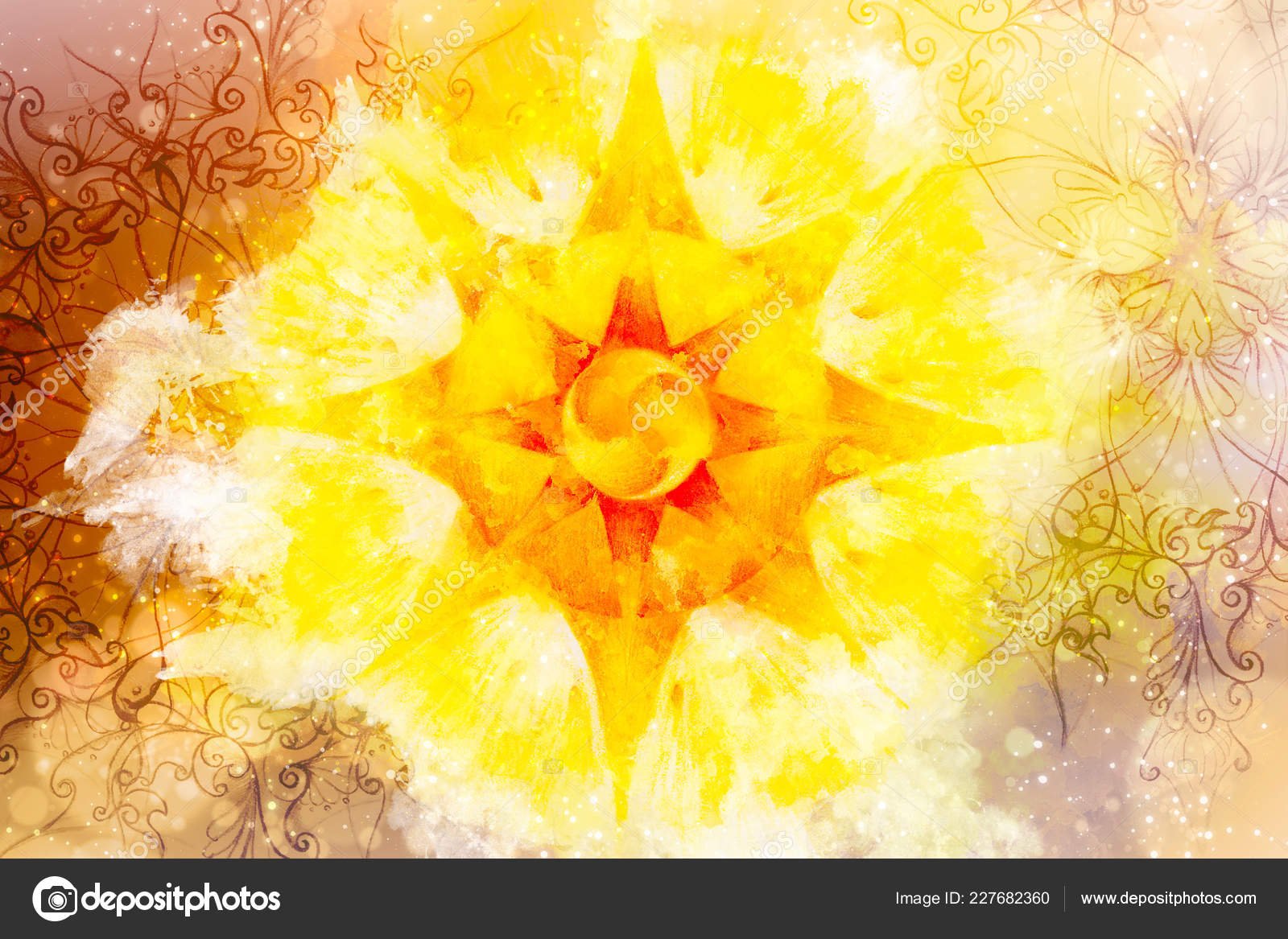 Sun mandala and watercolor and ornamental background. Stock ...