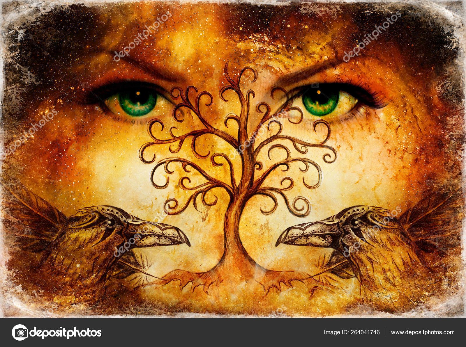 Pair of ravens with tree of life symbol and green female goddess eyes ...
