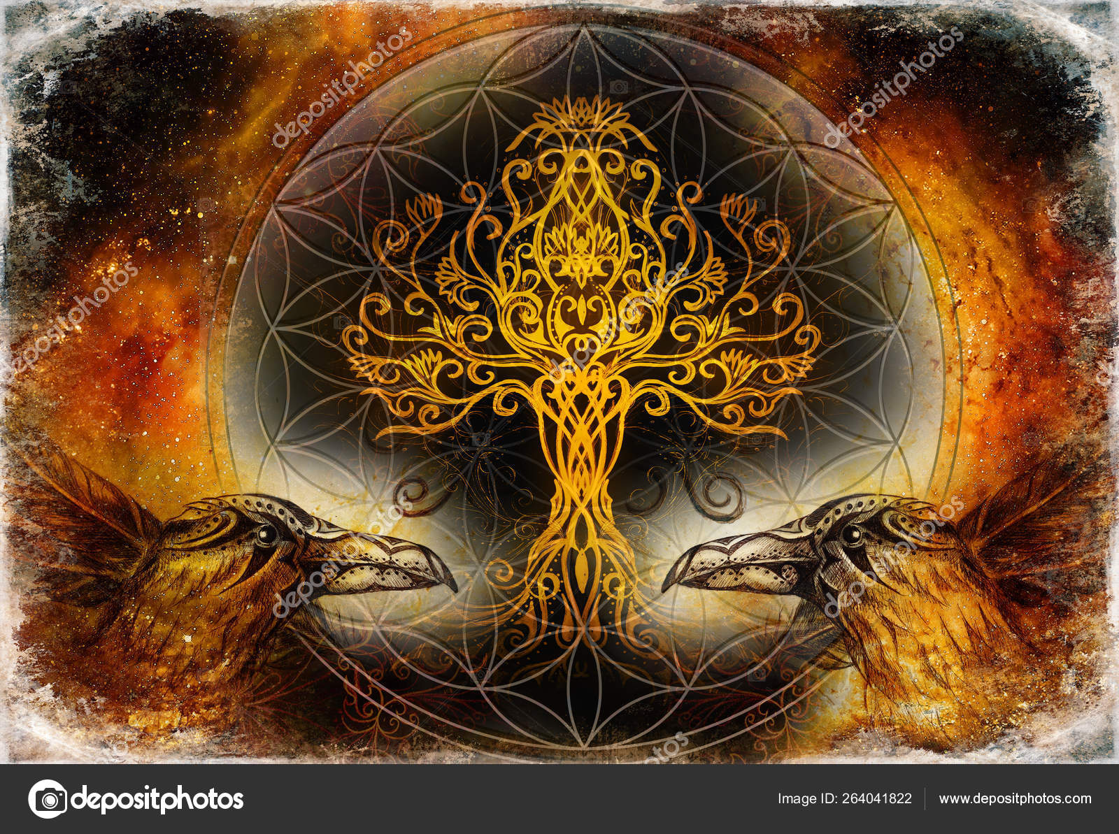 Pair of ravens with tree of life and sacred geometry flower of life ...