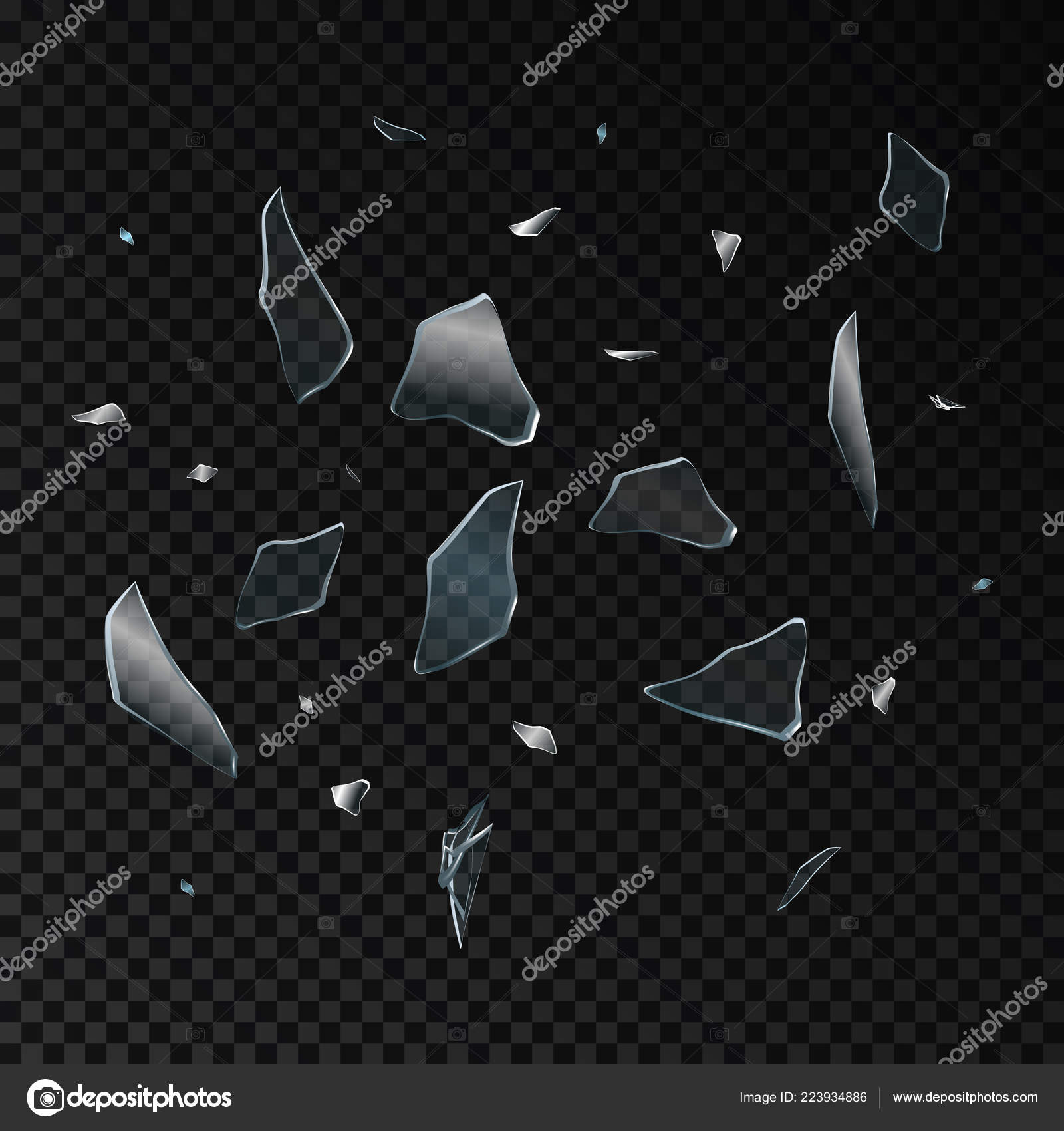 Broken glass pieces. Isolated on black transparent background. Vector ...