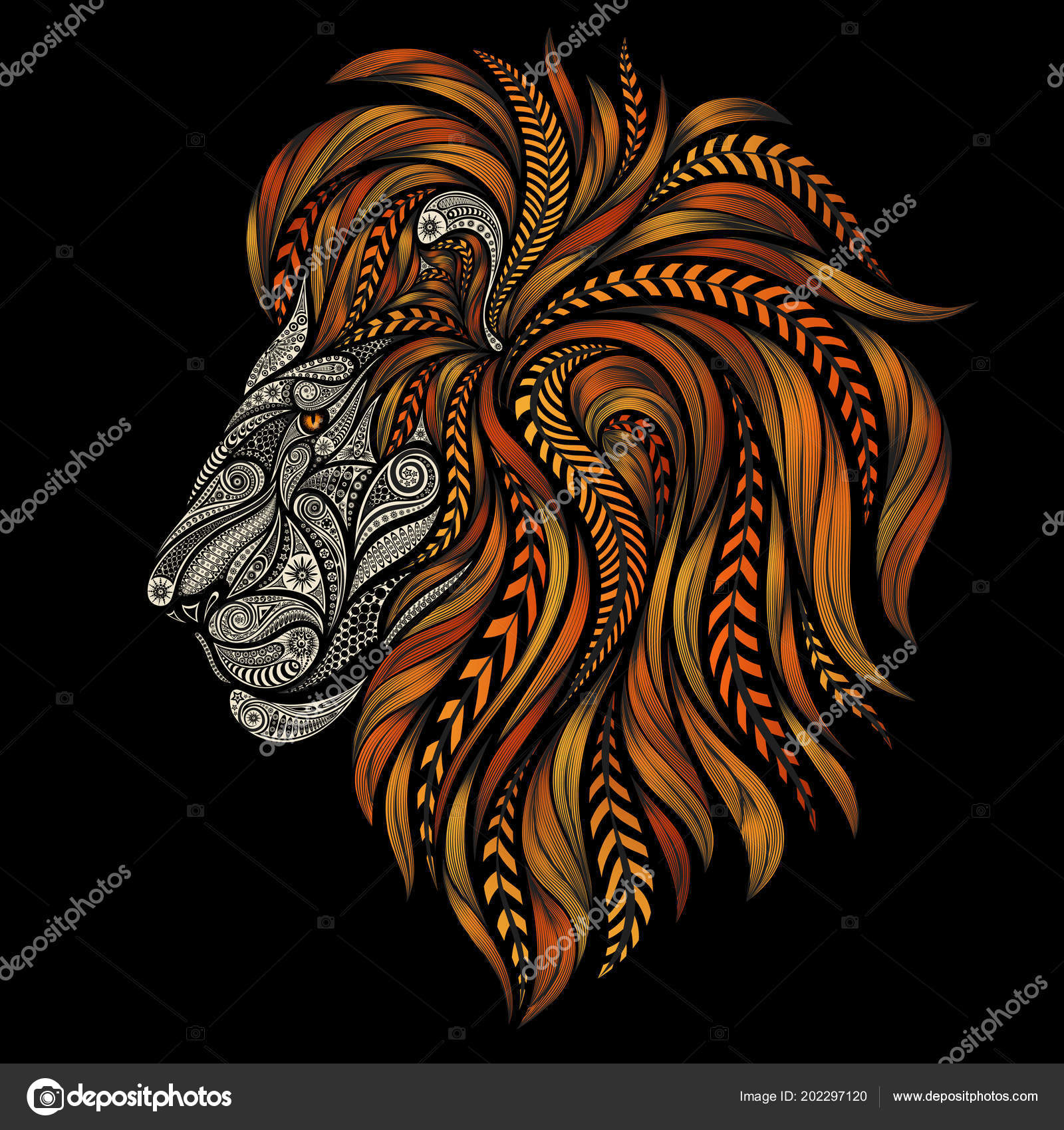 Vector Lion Beautiful Patterns Patterns Fiery Mane Black Background ...