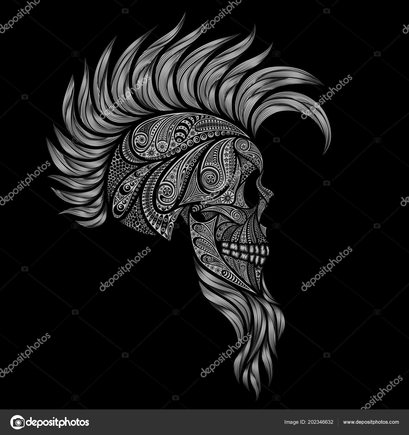 Human Skull Black Background Punk Mohawk Beard Variety Patterns Stock ...