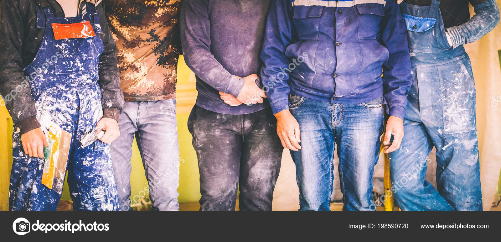 Workers and builders and foreman are as gang with dirty uniform are ...