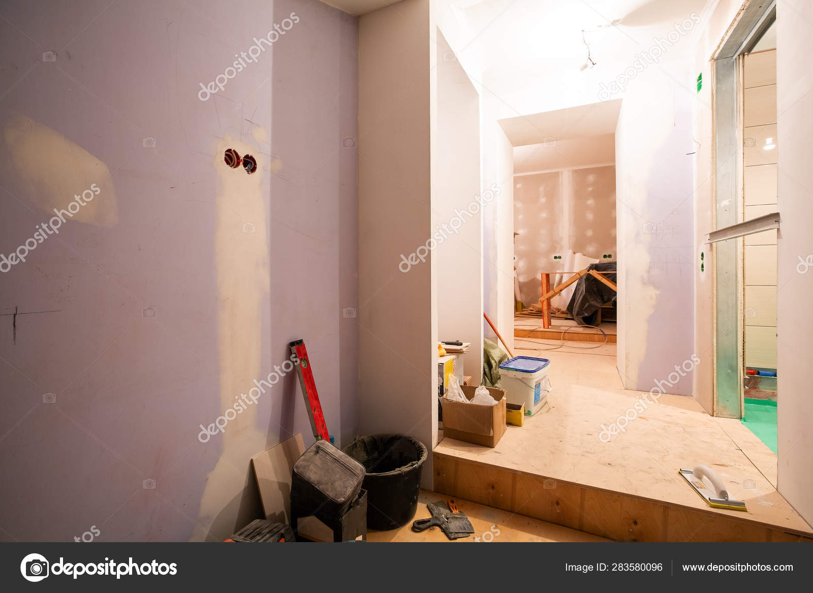 Working process of renovate room with installing drywall or gypsum ...
