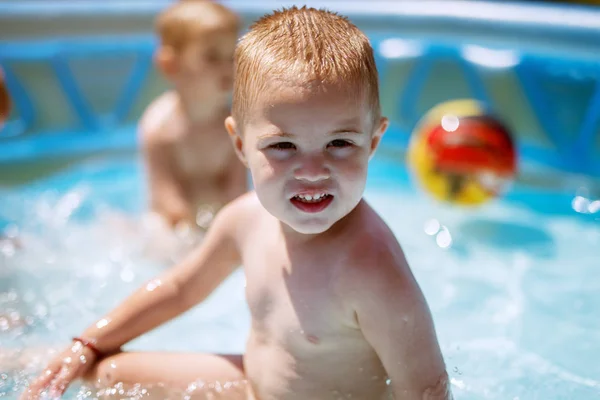 Baby Kids Playing Baby Pool Backyard Kids Pool Having Fun — Stock Photo ...
