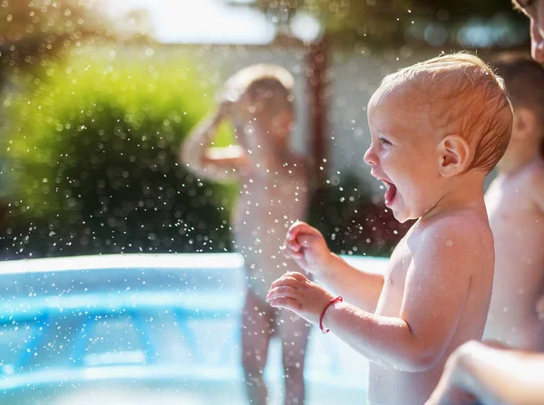 Cute Kids Playing Baby Pool Backyard Kids Pool Having Fun — Stock Photo ...