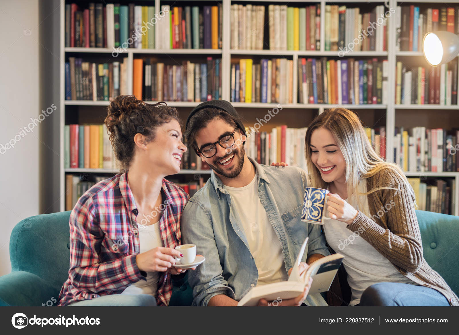 Concept Education Library Students Teamwork Three Happy Young Friends ...