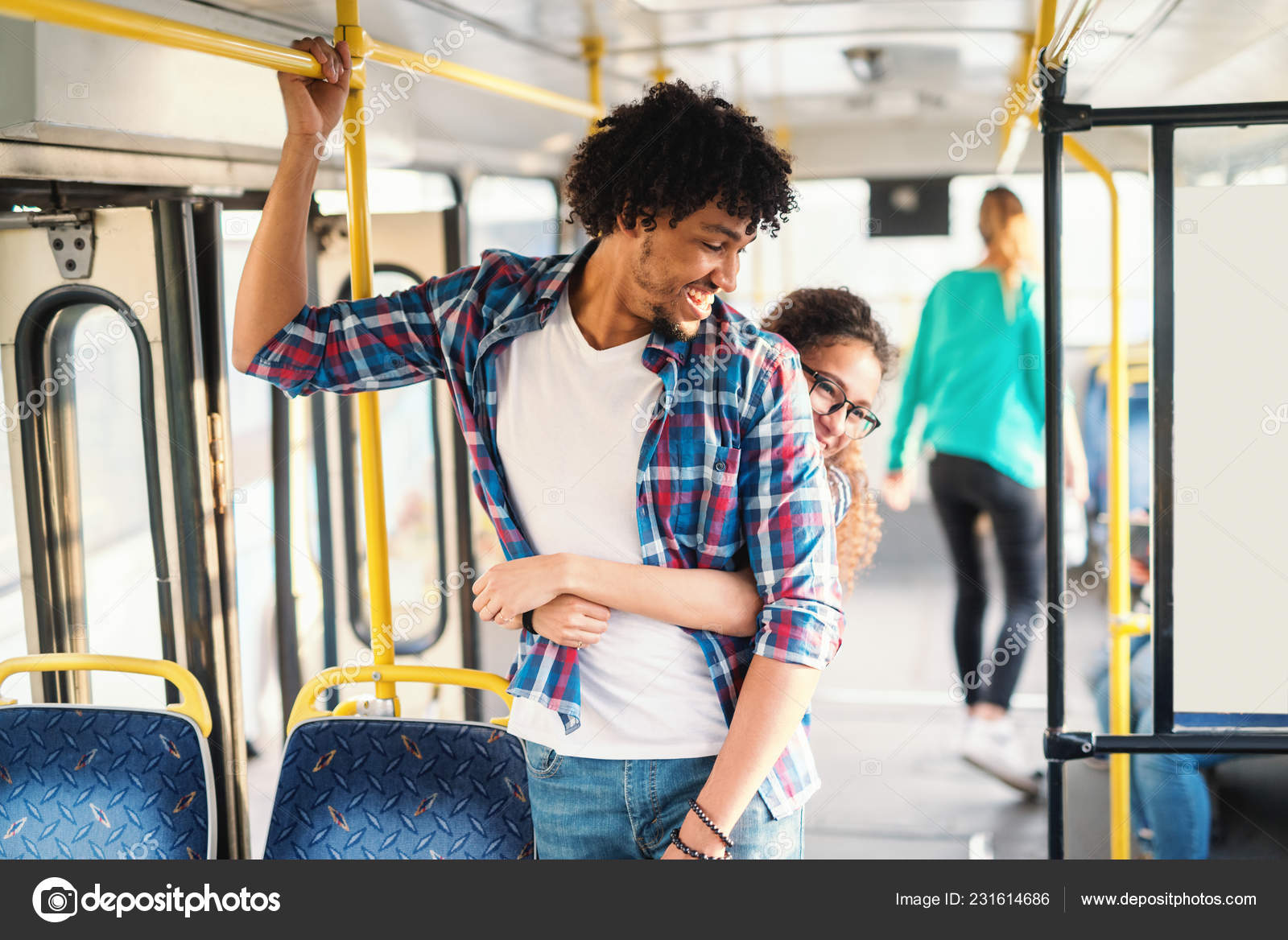 Young Happy Man Woman Hugging Bus — Stock Photo © dusanpetkovic #231614686