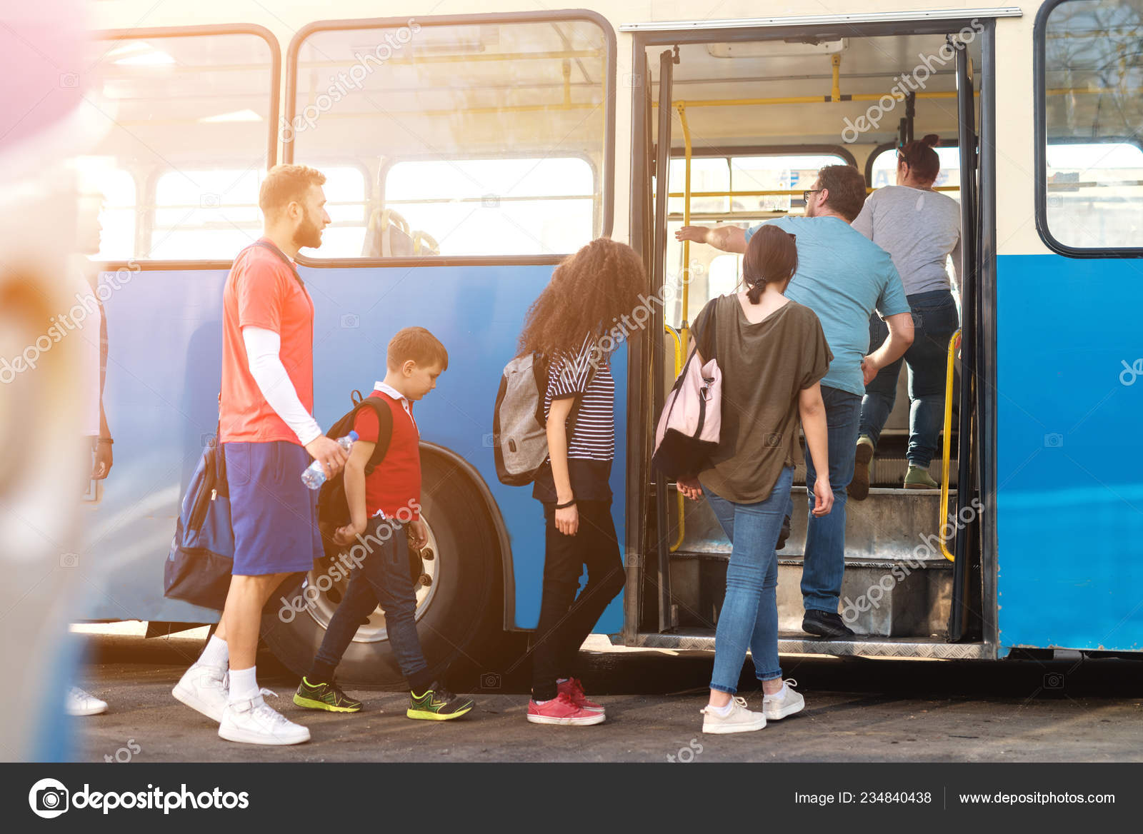 Group People Entering Blue Bus Carrying Luggage Stock Photo by ...