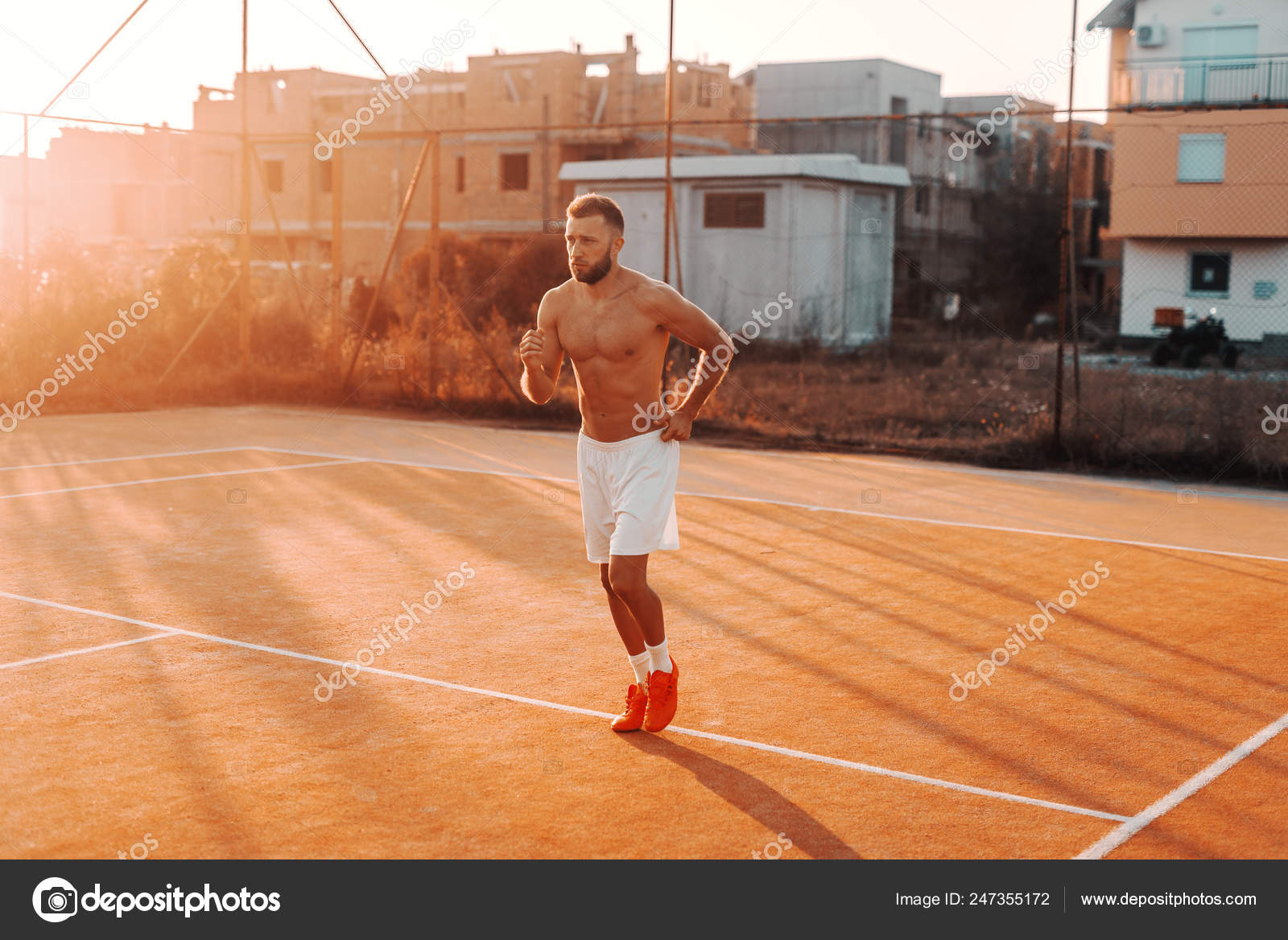 Shirtless Caucasian Bearded Man Running Court Morning Summer Stock ...