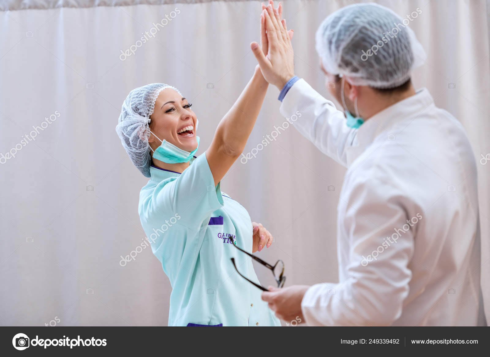 Smiling Nurse Uniform Medical Cap Mask Giving High Five Doctor Stock ...