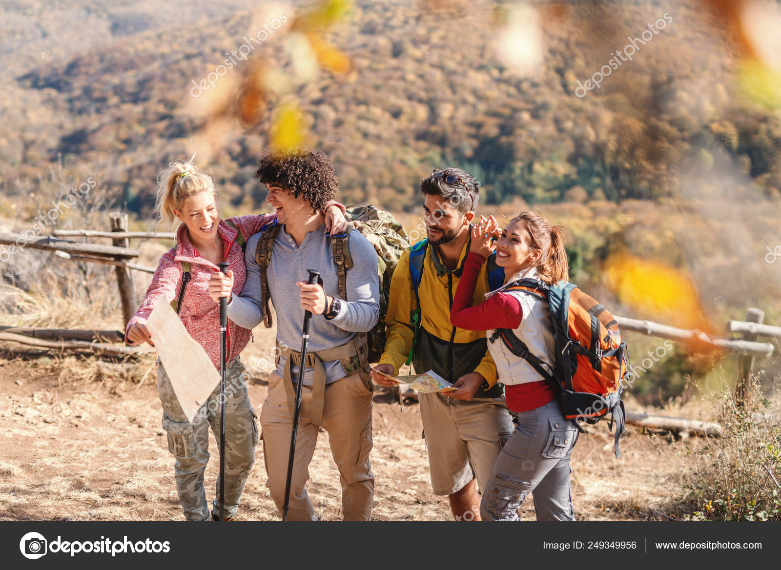 Four Happy Hikers Standing Glade Enjoying Nature Autumn Stock Photo by ...