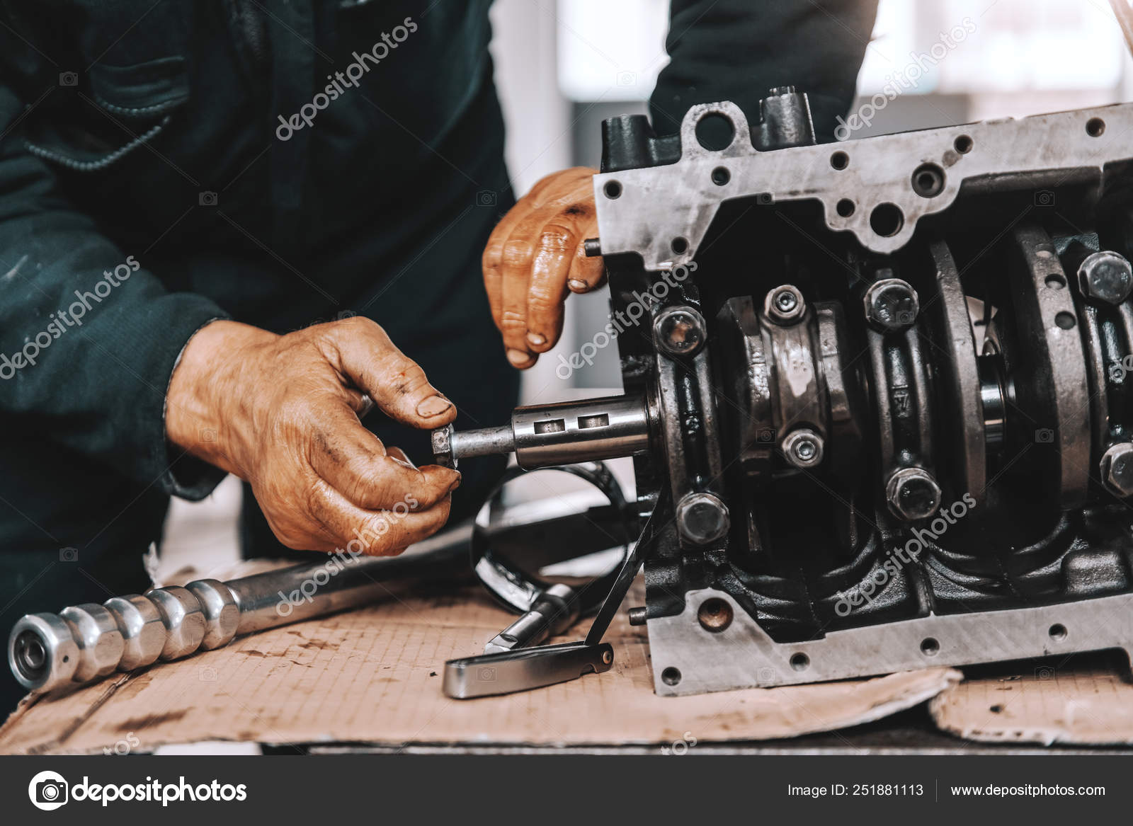 Auto Mechanic Adjusting Cylinder Head Engine Block Workshop Stock Photo ...