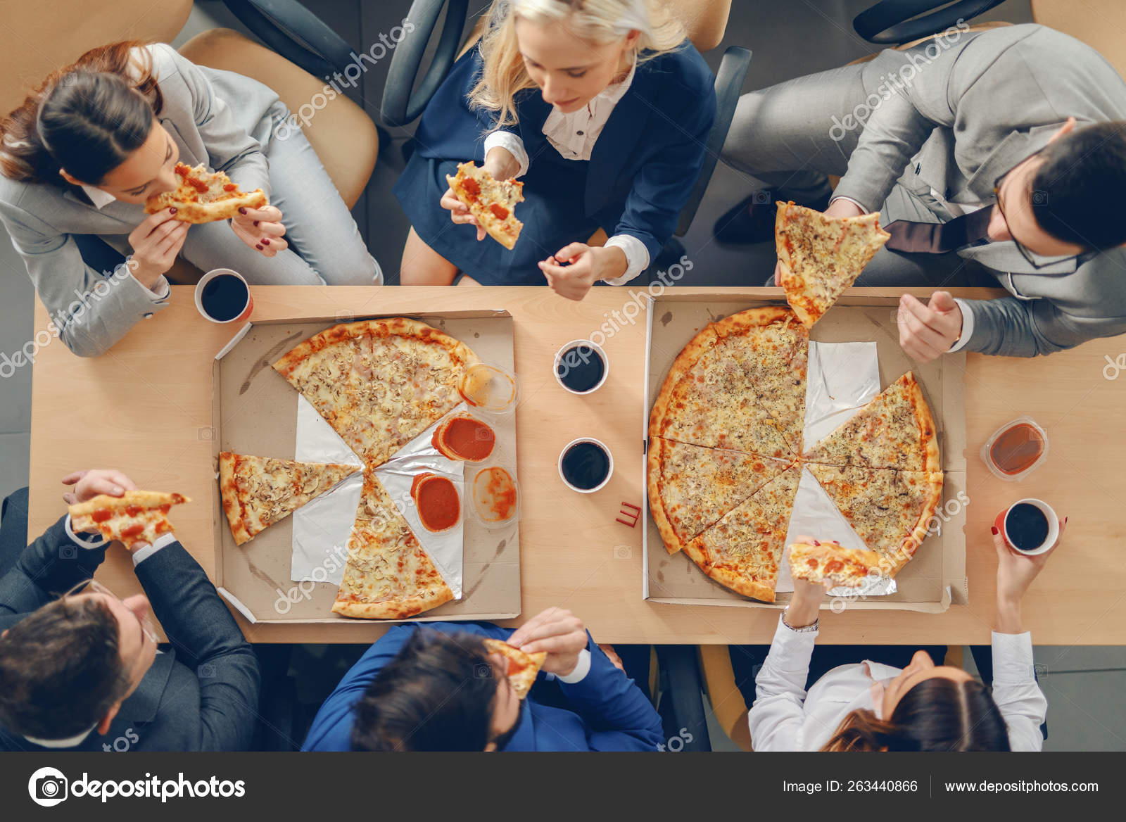 Top View Business People Formal Wear Sitting Table Having Pizza ⬇ Stock ...