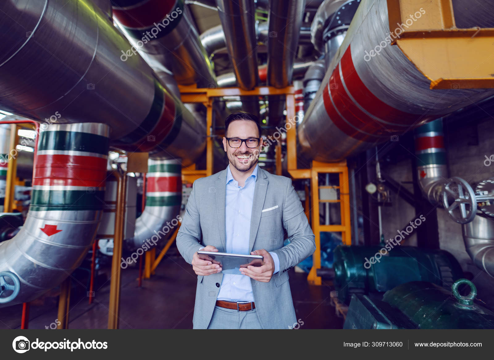 Handsome Smiling Supervisor Gray Suit Holding Tablet While Looking ...