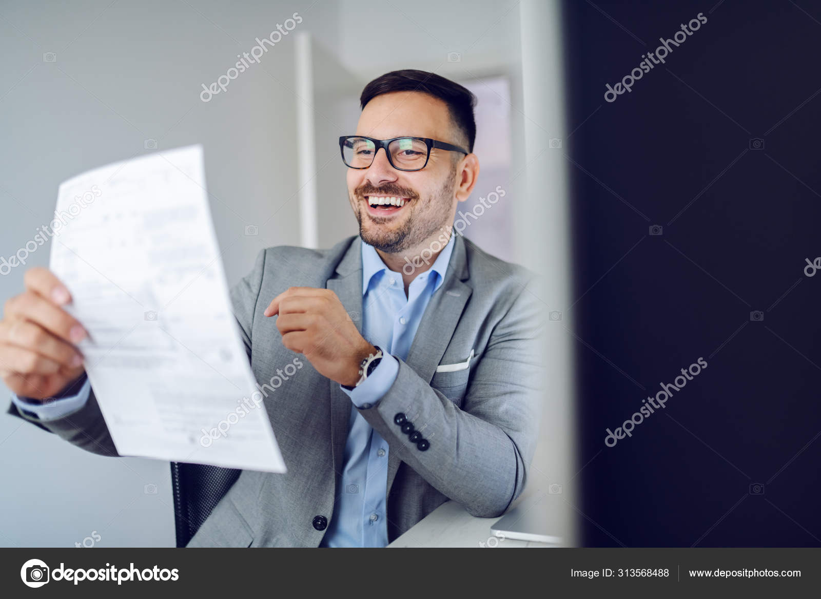 Smiling Hardworking Caucasian Manager Gray Suit Sitting Modern Office ...