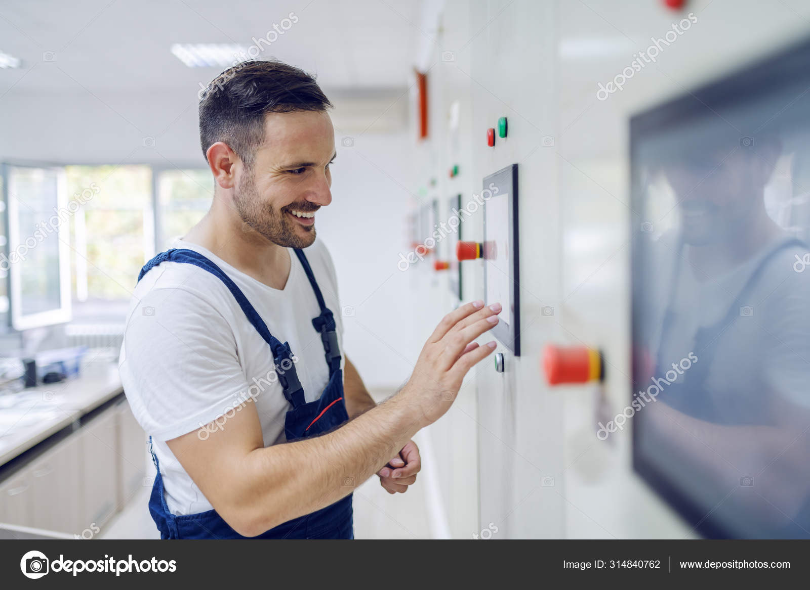 Smiling Handsome Caucasian Worker Overall Standing Control Room ...