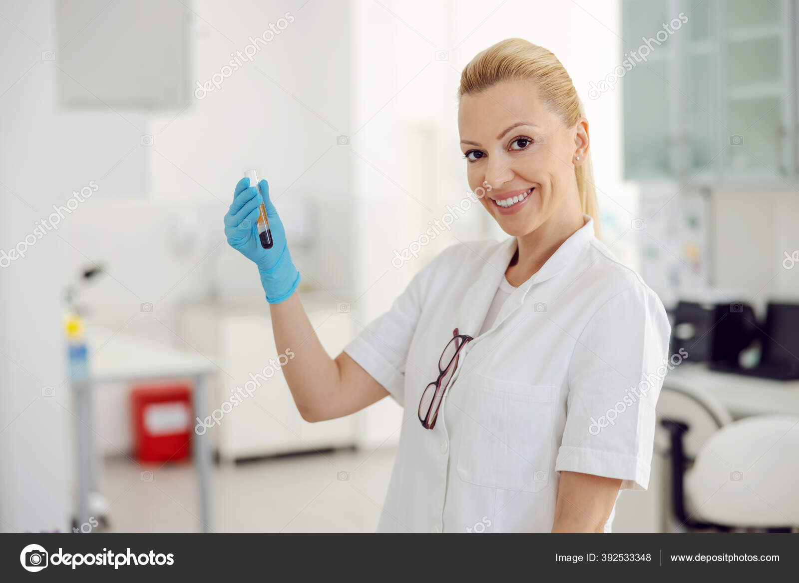 Beautiful Smiling Blond Lab Assistant Standing Laboratory Holding Test ...