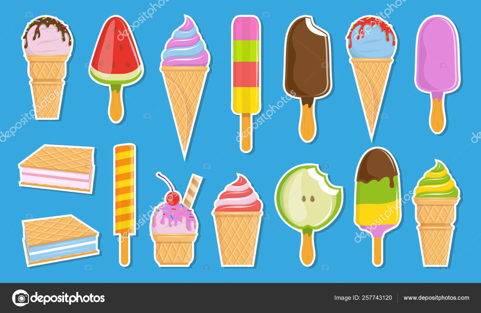 Vector ice cream sticker collection. Cartoon ice cream. Colorful fruit ...