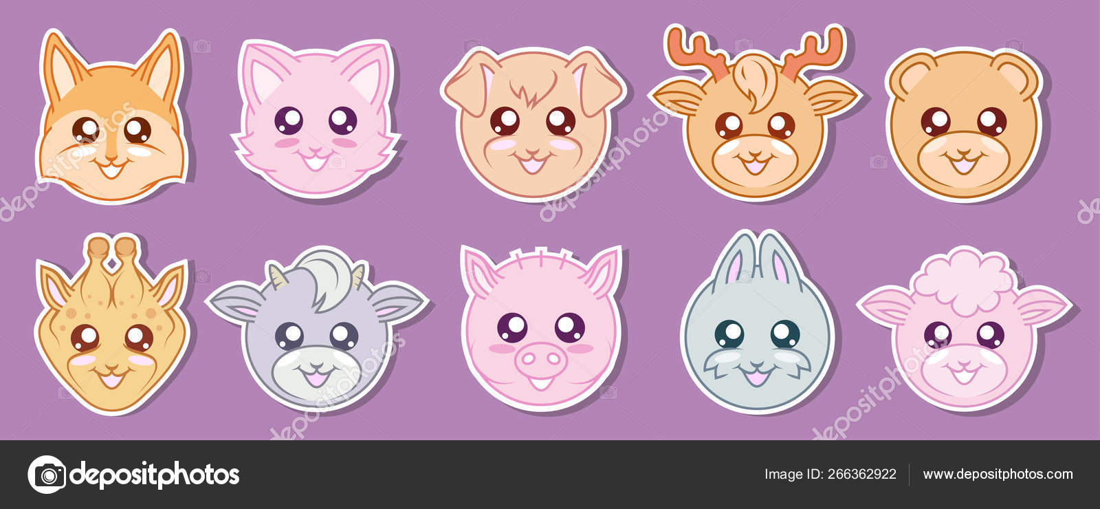 Vector Set Of Cute kawaii animals. Kawaii faces. Cartoon Animals ...