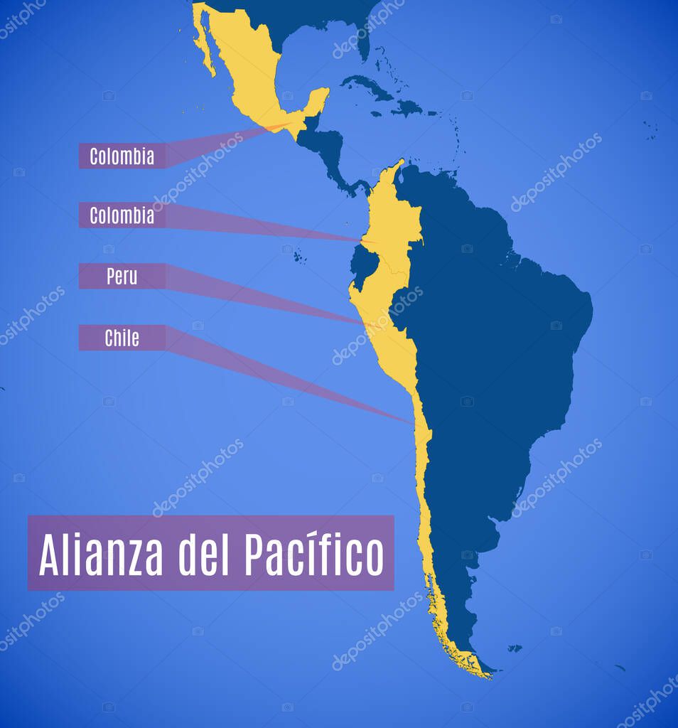 Mapa esquemático vectorial de la Alianza del Pacífico. 2023