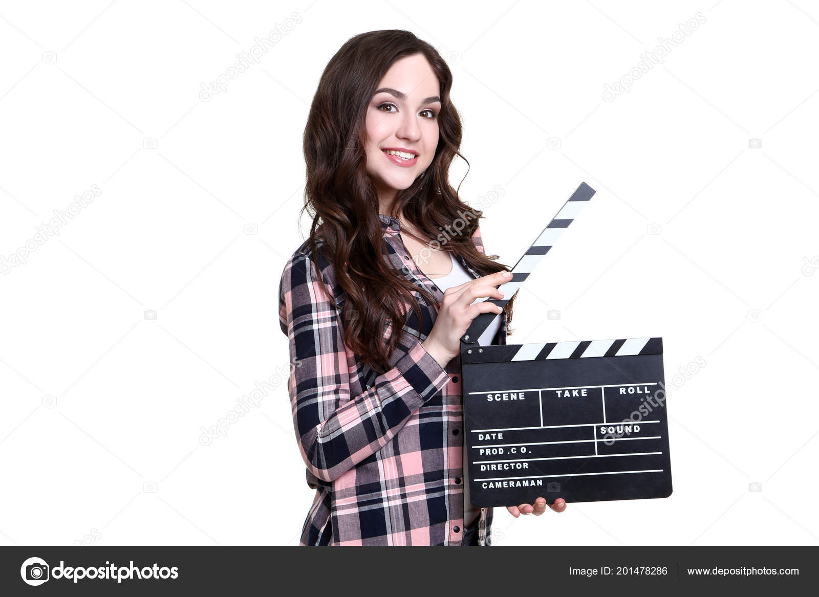 Young Woman Clapper Board White Background Stock Photo by ©5seconds ...