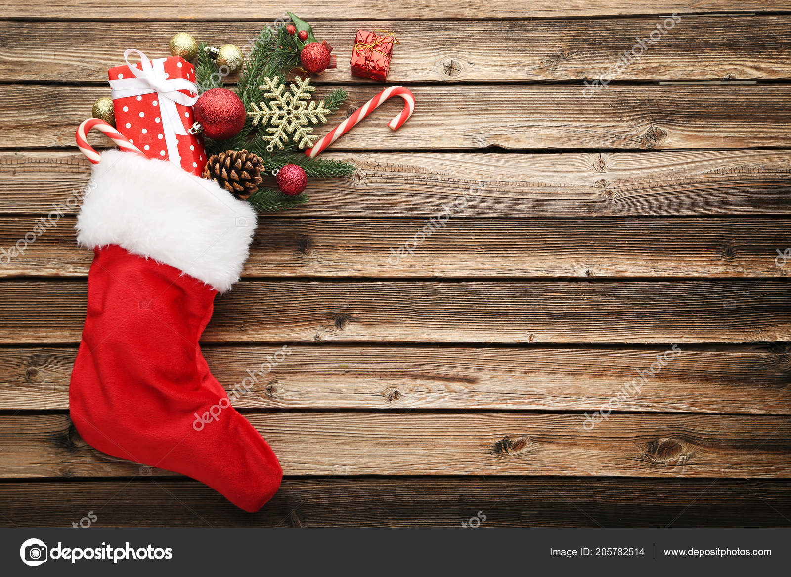 Red Stocking Fir Tree Branches Christmas Decorations Wooden Table Stock ...