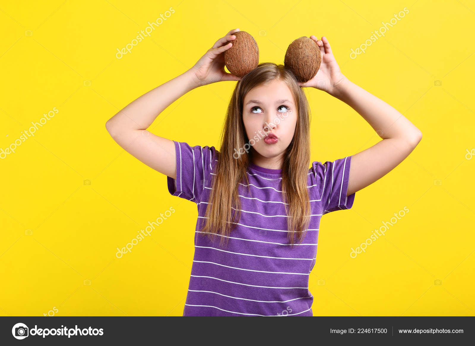 Cute Young Girl Coconuts Yellow Background Stock Photo by ©5seconds ...