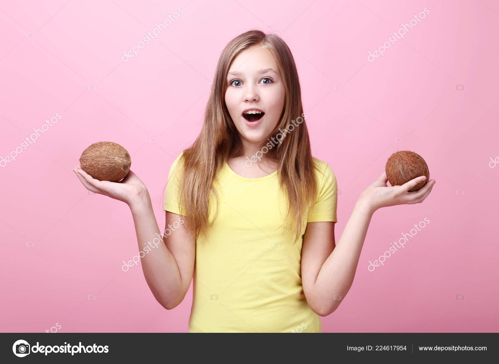 Cute Young Girl Coconuts Pink Background Stock Photo by ©5seconds 224617954