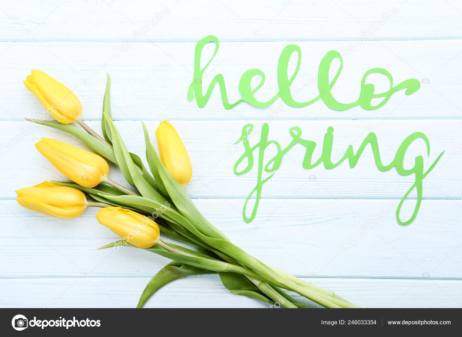 Bouquet Yellow Tulips Text Hello Spring Wooden Table Stock Photo by ...