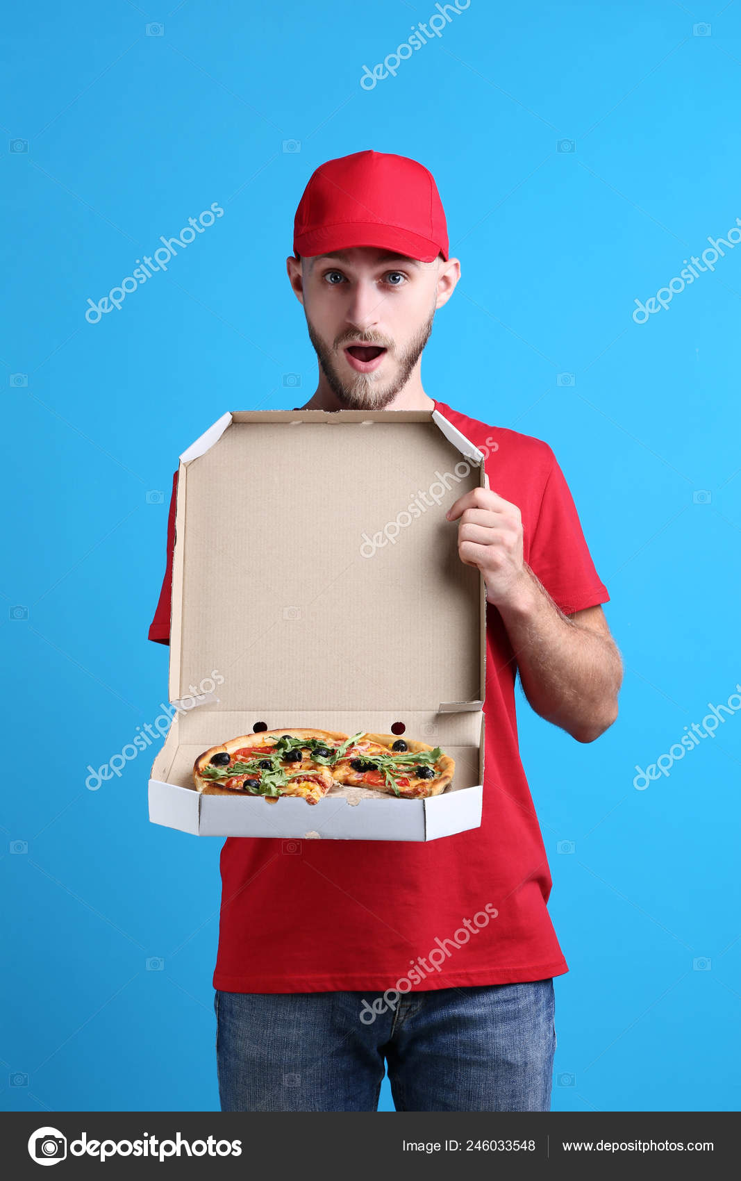 Delivery Man Pizza Cardboard Box Blue Background Stock Photo by ...