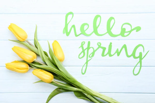 Top View Beautiful Blooming Yellow Tulips Welcome Spring Lettering ...